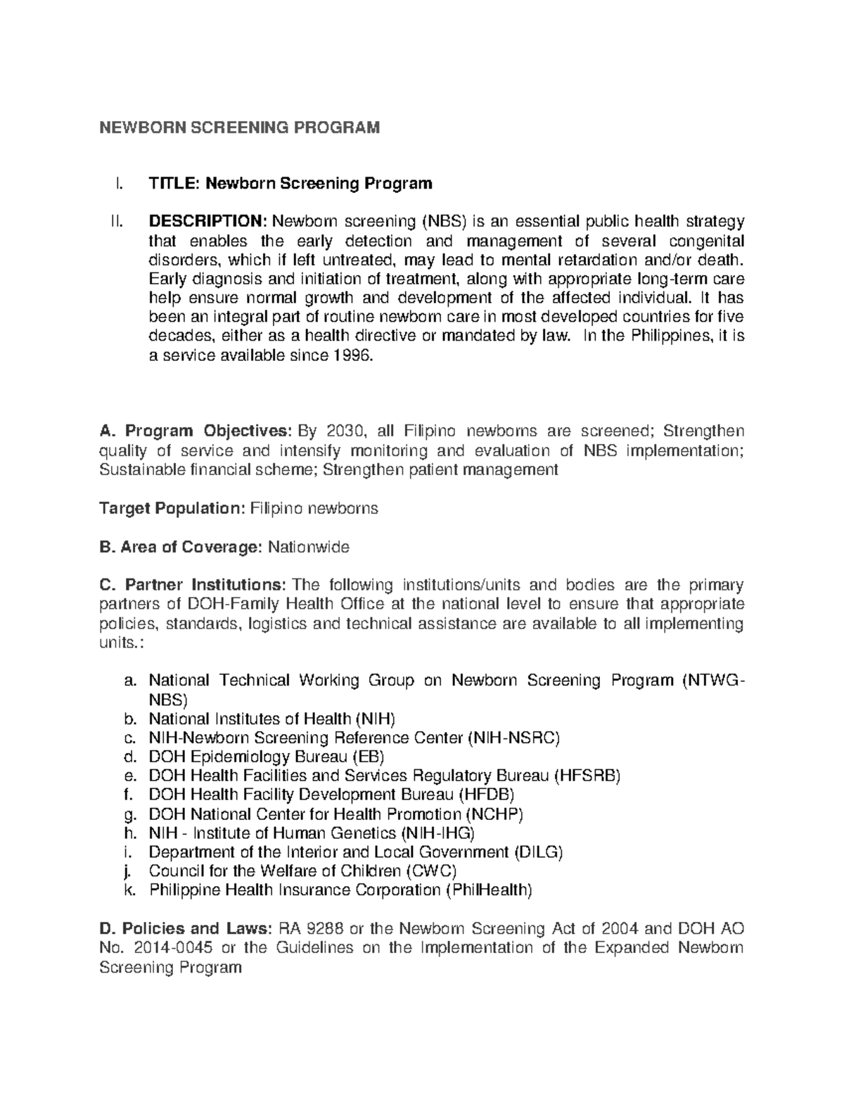 Newborn Screening word 1 - NEWBORN SCREENING PROGRAM I. TITLE: Newborn ...