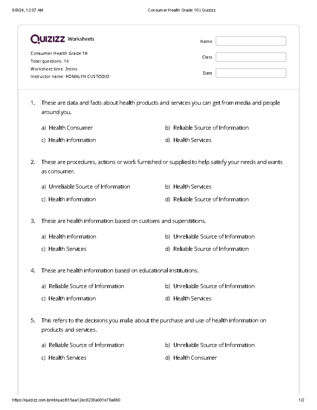 Consumer Health Grade 10 Quizizz - Worksheets Consumer Health Grade 10 ...