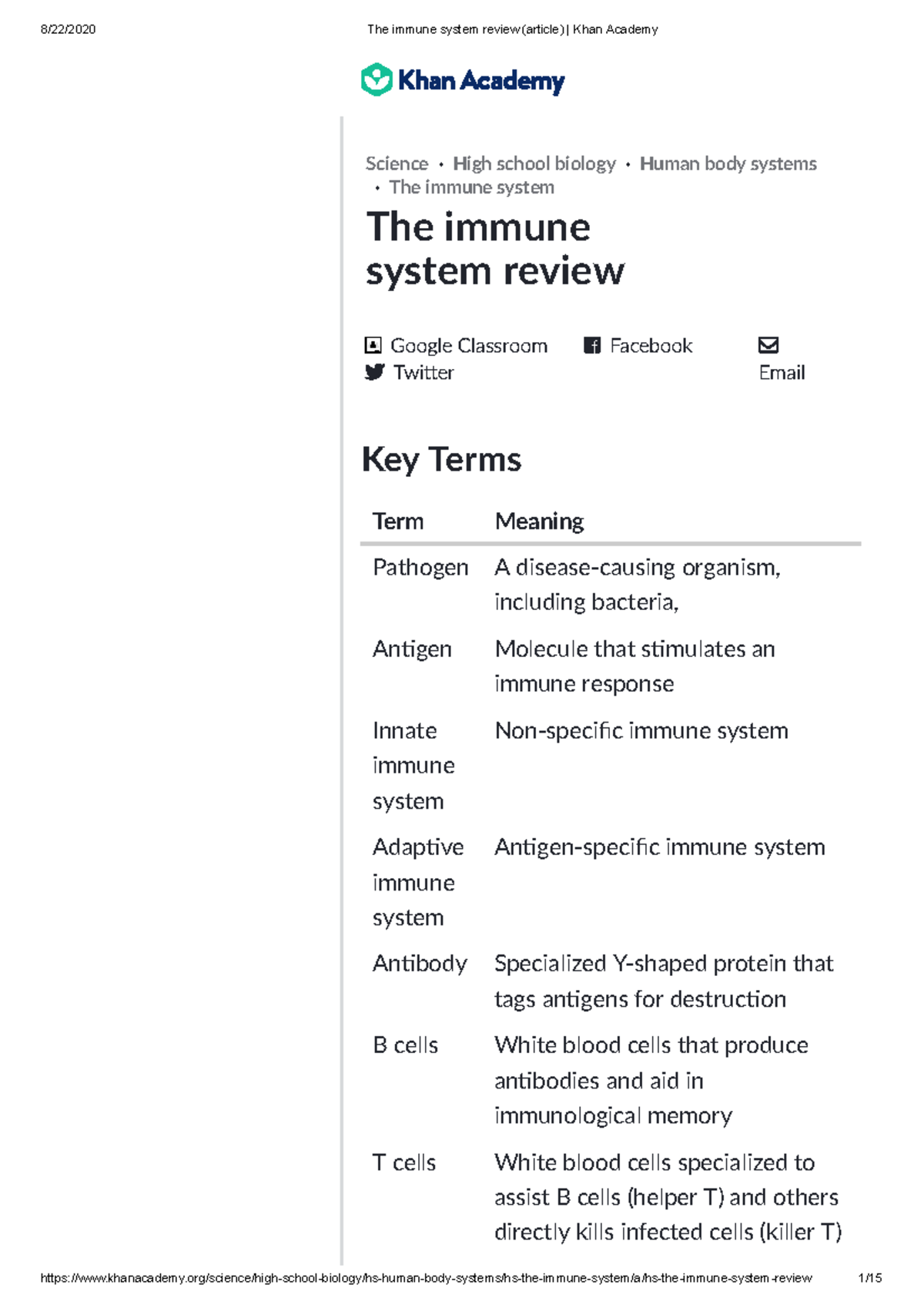 The immune system review (article) - · · · Google Classroom Facebook ...