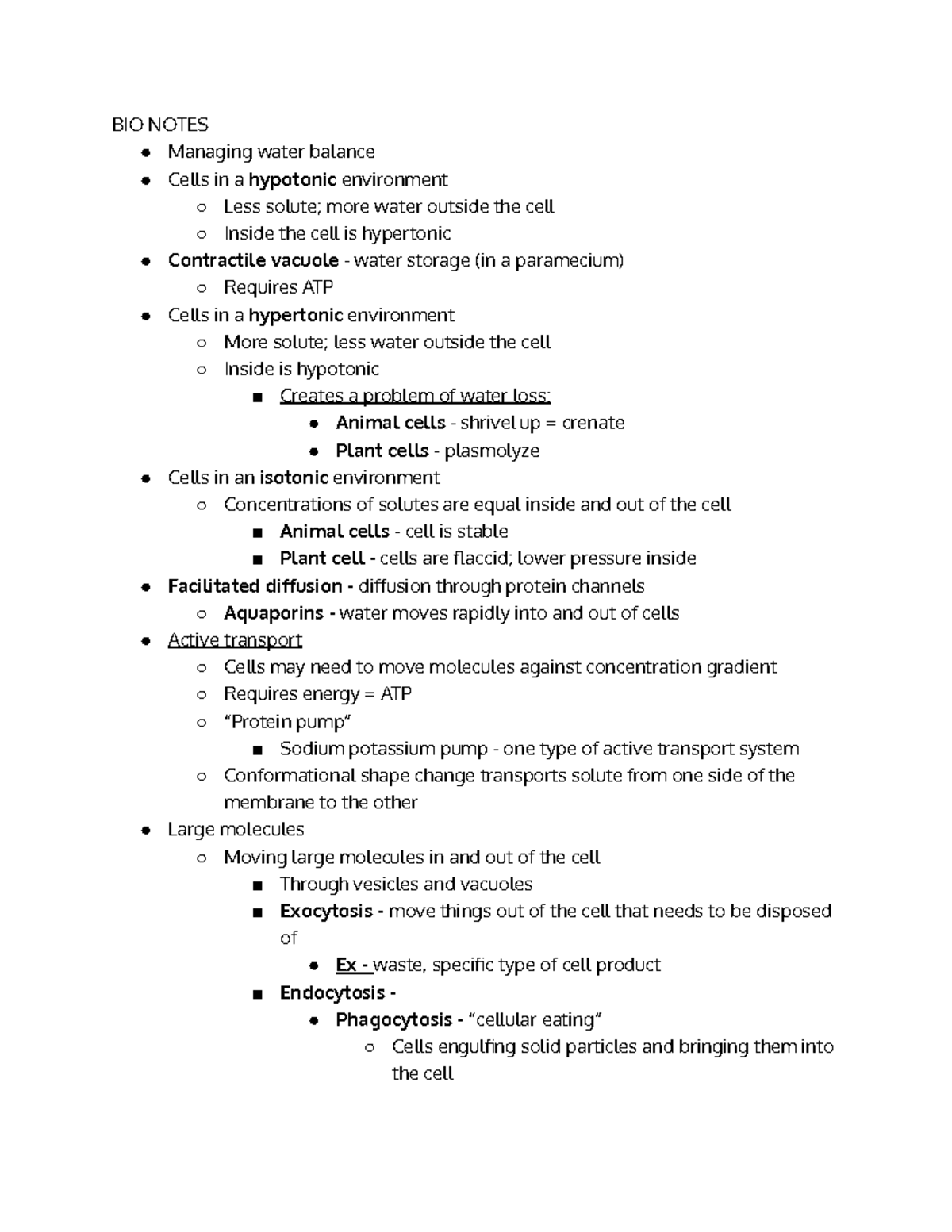BIO Notes 9-22-21 - BIO NOTES Managing water balance Cells in a ...