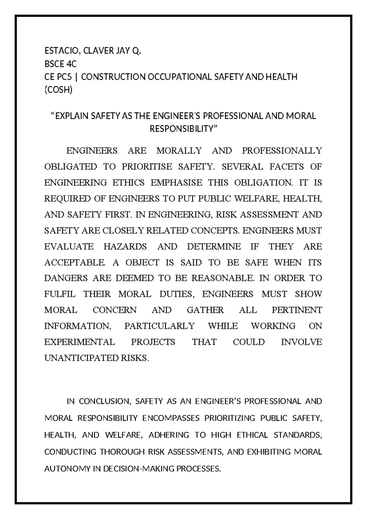 Explain- Safety - ESTACIO, CLAVER JAY Q. BSCE 4C CE PC5 | CONSTRUCTION OCCUPATIONAL SAFETY AND ...