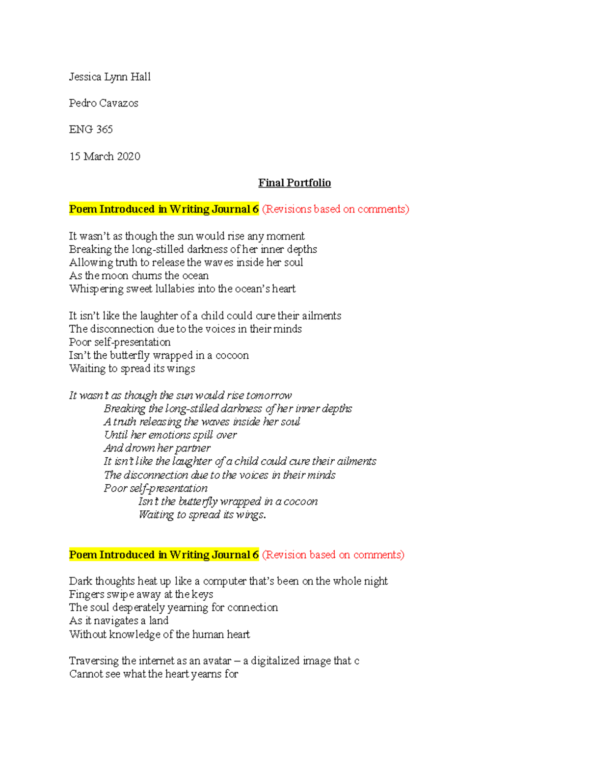 Final Portfolio - A mandated assignment of revised poetry submitted to ...