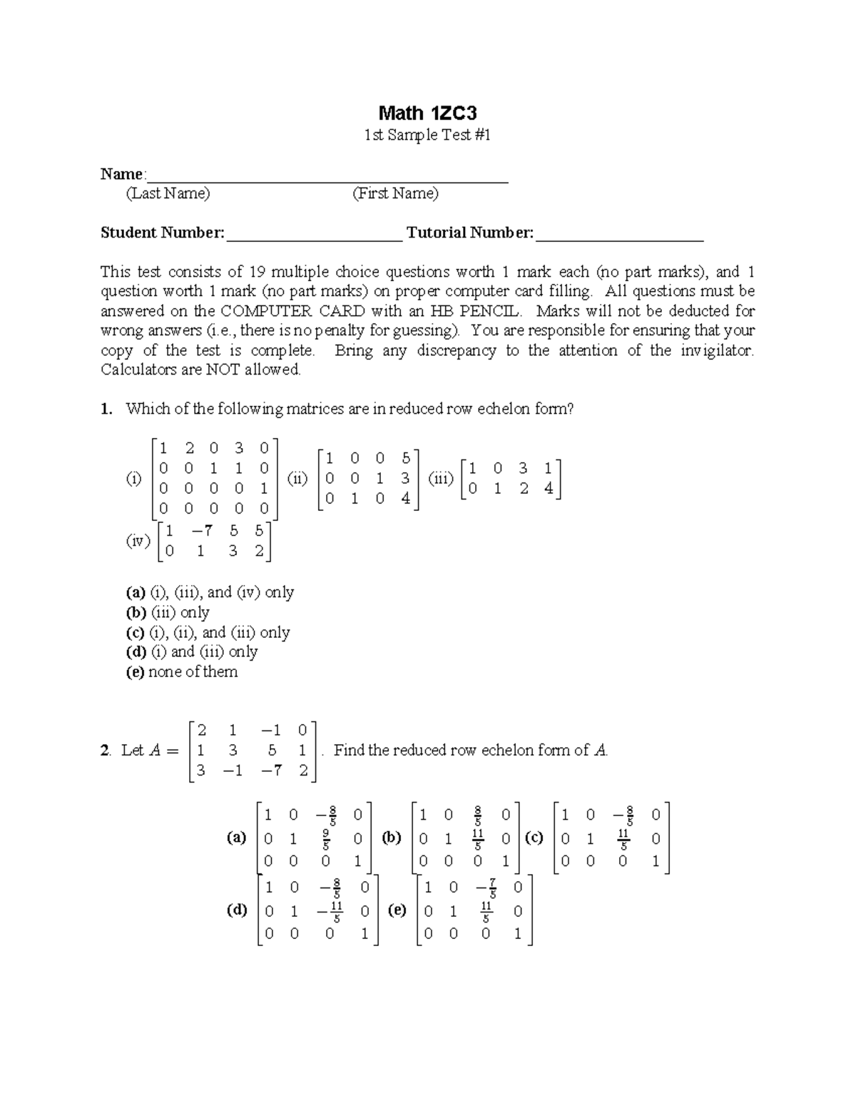 Linear algebra - test - Math 1ZC 1st Sample Test # Name