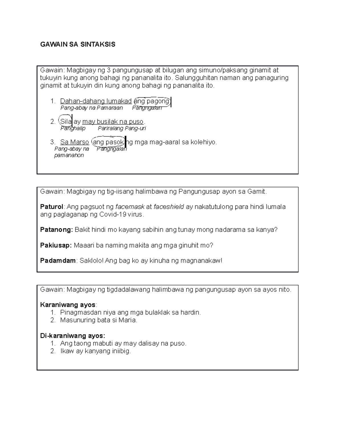 Gawain sa Sintaksis - Activity - GAWAIN SA SINTAKSIS Gawain: Magbigay ...