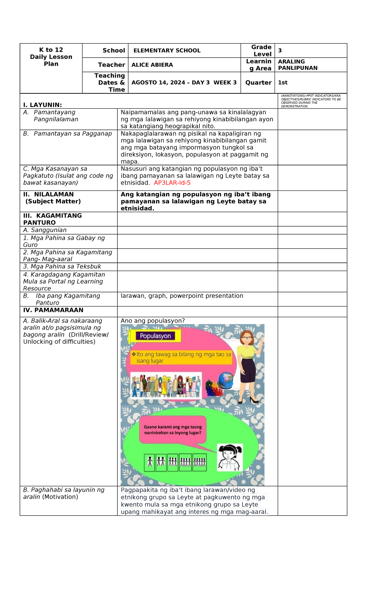 AP3 DLP Q1 WEEK 3 DAY 3 - Samle DLP in Araling Panlipunan 3 - K to 12 Daily Lesson Plan School ...