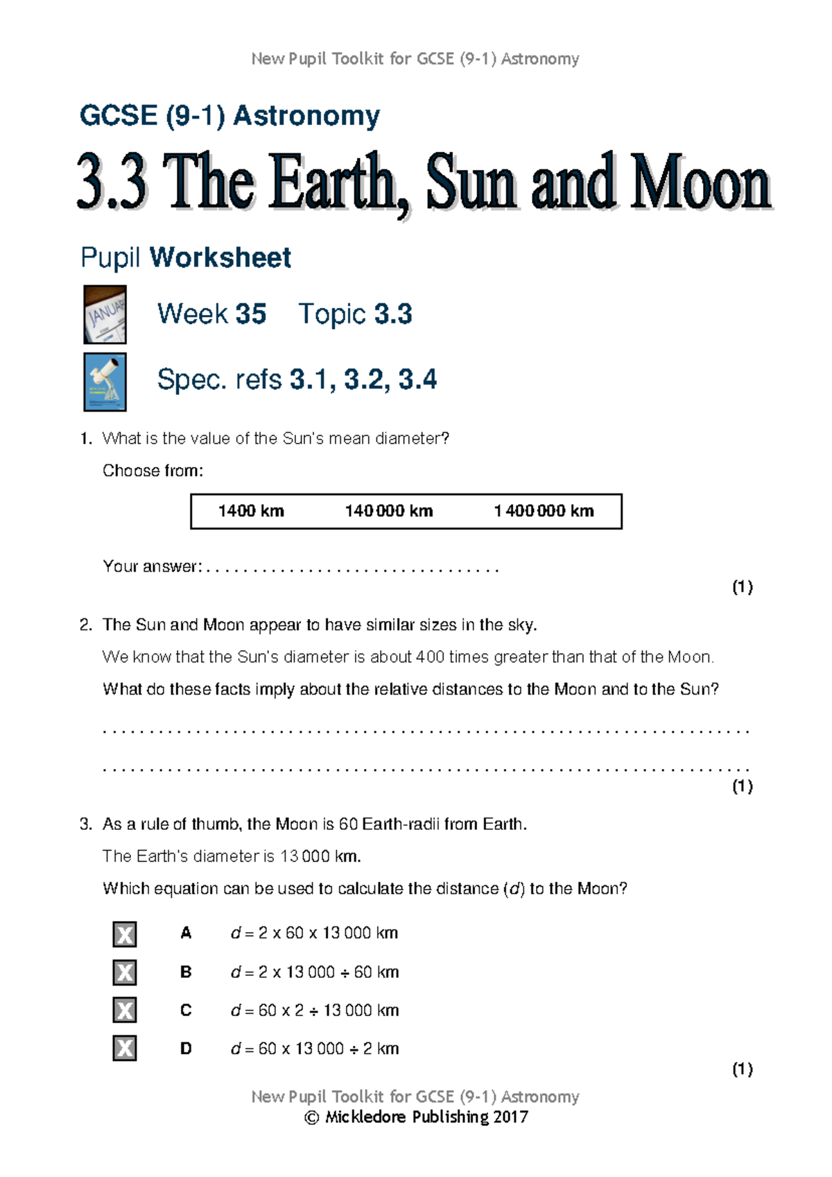 3.3 The Earth, Sun and Moon - New Pupil Toolkit for GCSE (9-1 ...