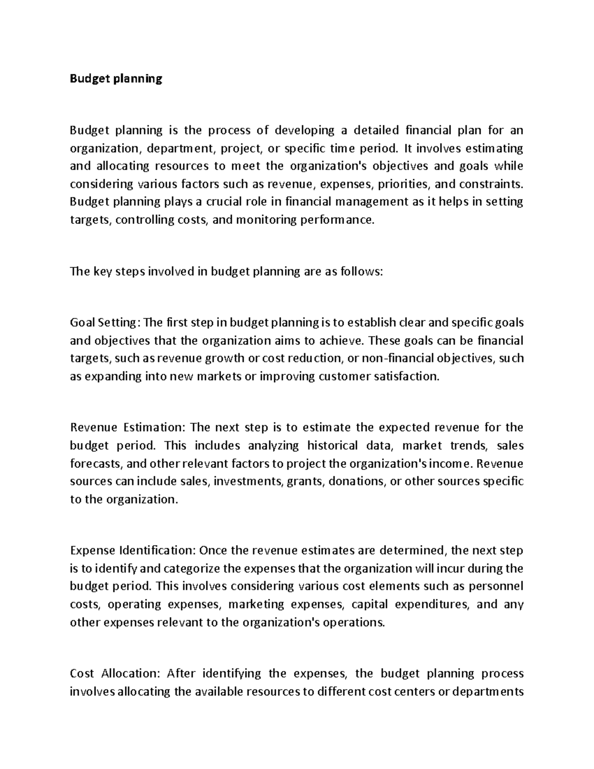 Budget planning - learning - Budget planning Budget planning is the ...