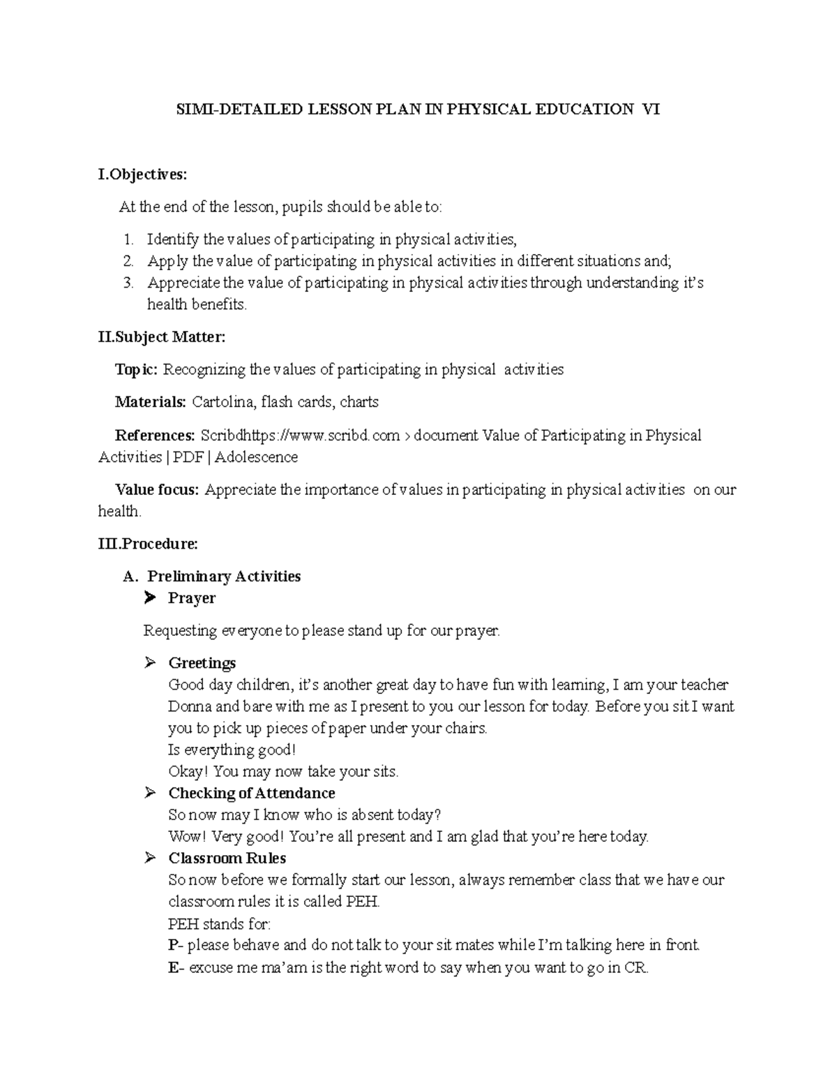 PE Lesson PLAN ( Donaly) - SIMI-DETAILED LESSON PLAN IN PHYSICAL ...