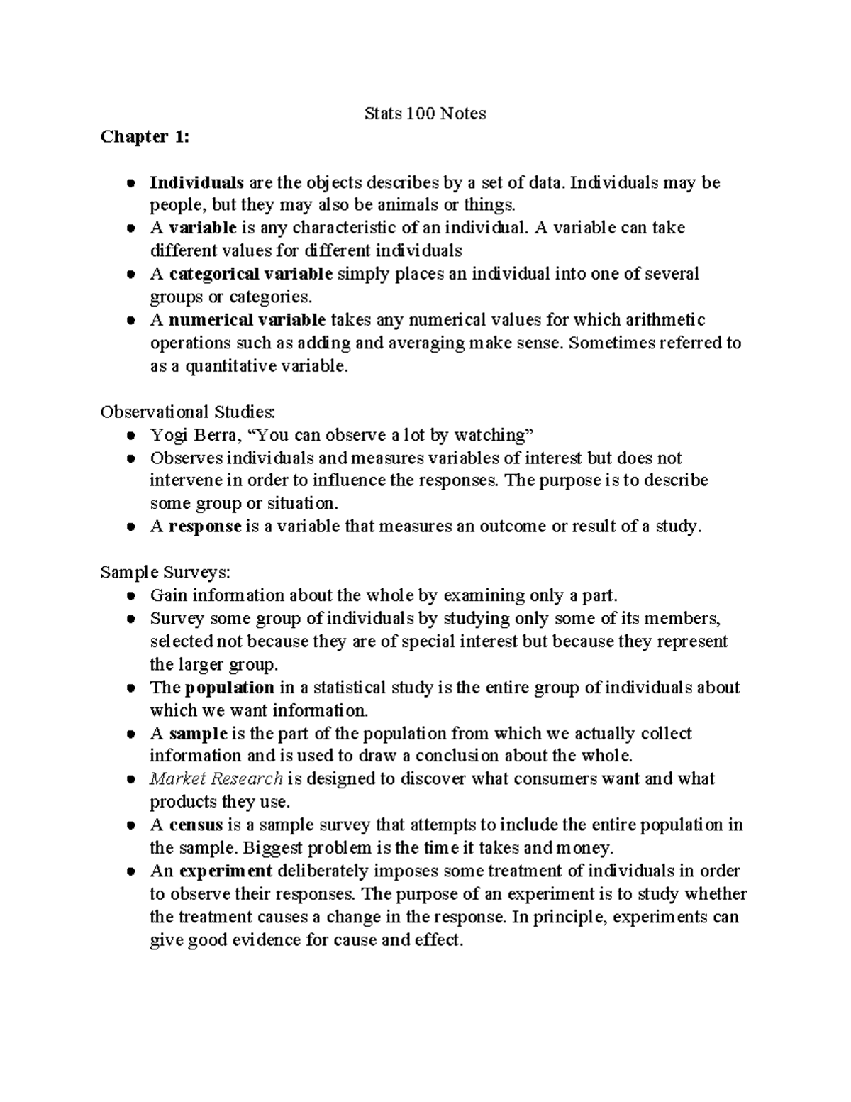 Stat 100 ch. 1-6 - Stats 100 Notes Chapter 1: Individuals are the ...