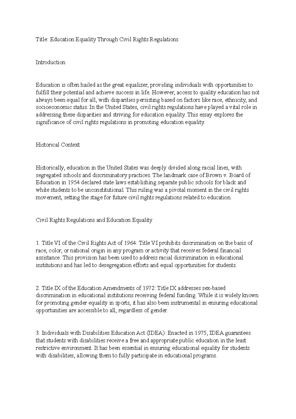 Education Equality Through Civil Rights Regulations - Title: Education ...