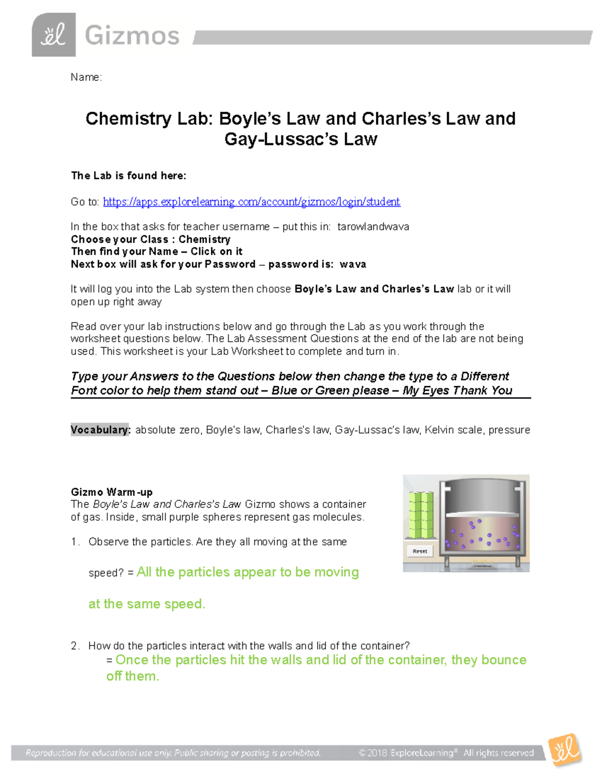 Boyles Charles Gizmo Lab - Name: Chemistry Lab: Boyle’s Law and Charles ...