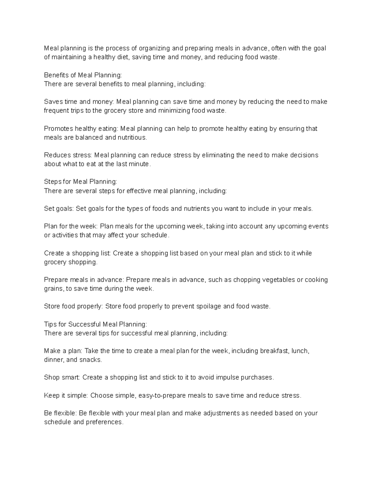 Meal Planning Notes - Meal planning is the process of organizing and ...