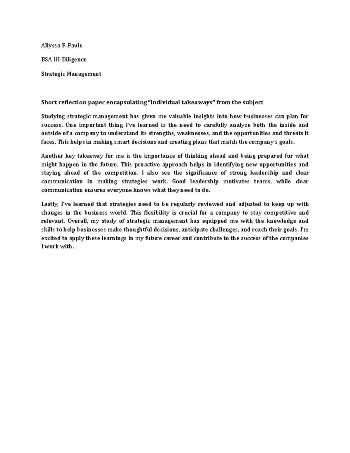 ( Paule) Reflection - Allyssa F. Paule BSA III-Diligence Strategic ...