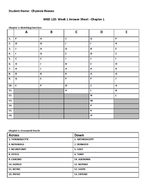 Chapter 3 Answer Sheet - Student Name: MED 120: Week 3 Answer Sheet ...