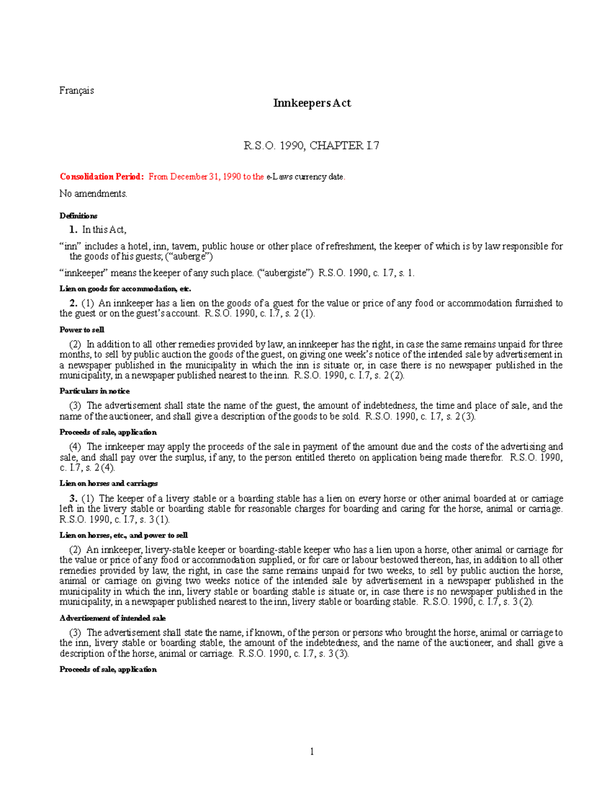 Innkeepers act to make notes - Français Innkeepers Act R.S. 1990 ...