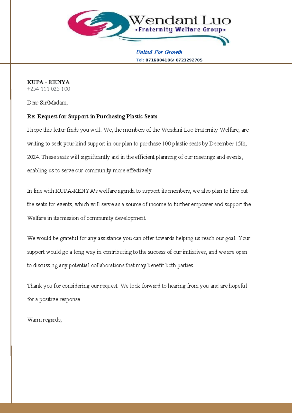 KUPA - Kenya Letter - coursework - United For Growth Tel: 0716804186/ ...