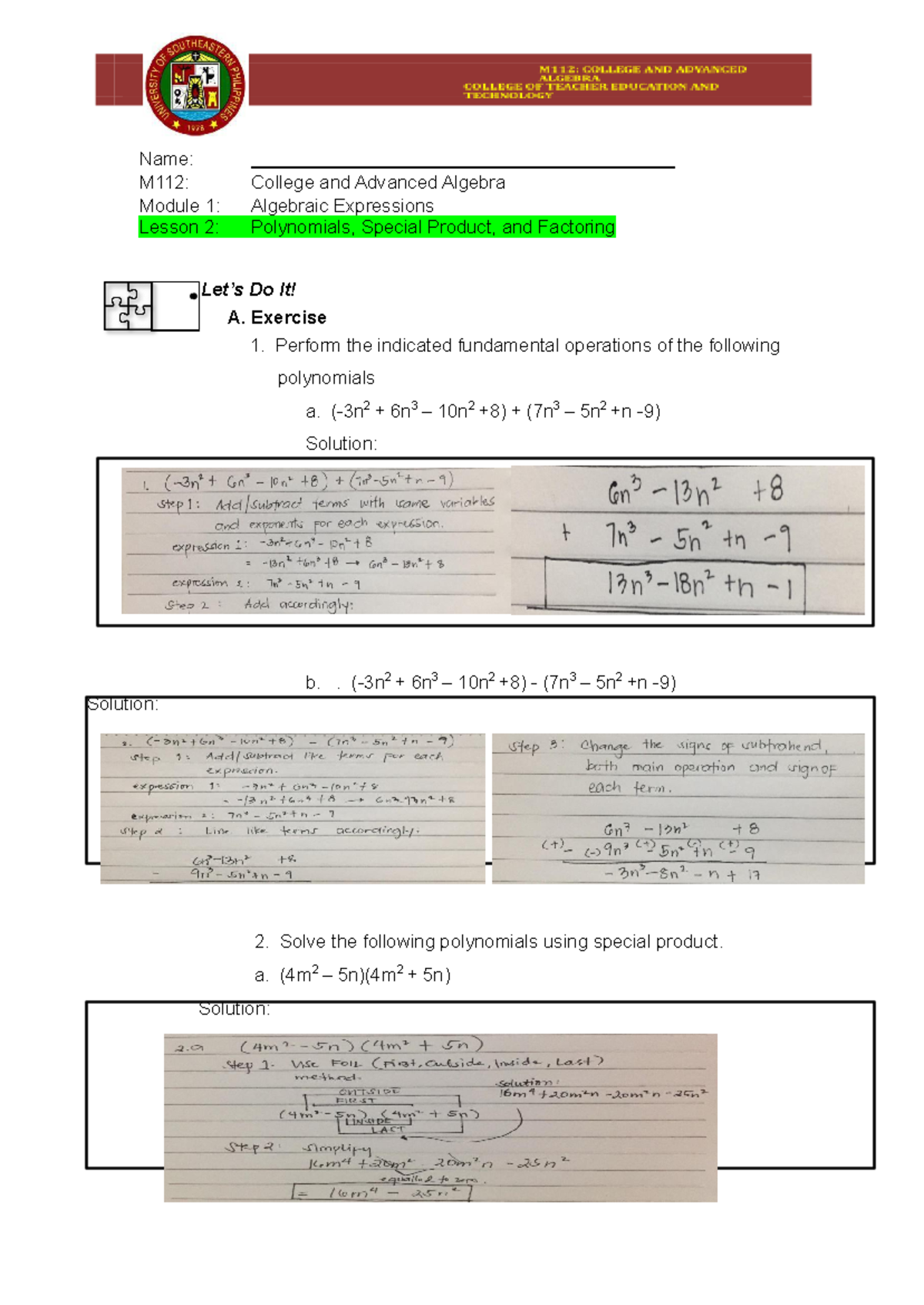 M112 Module 1 Lesson 2 - Name: M112: College and Advanced Algebra ...