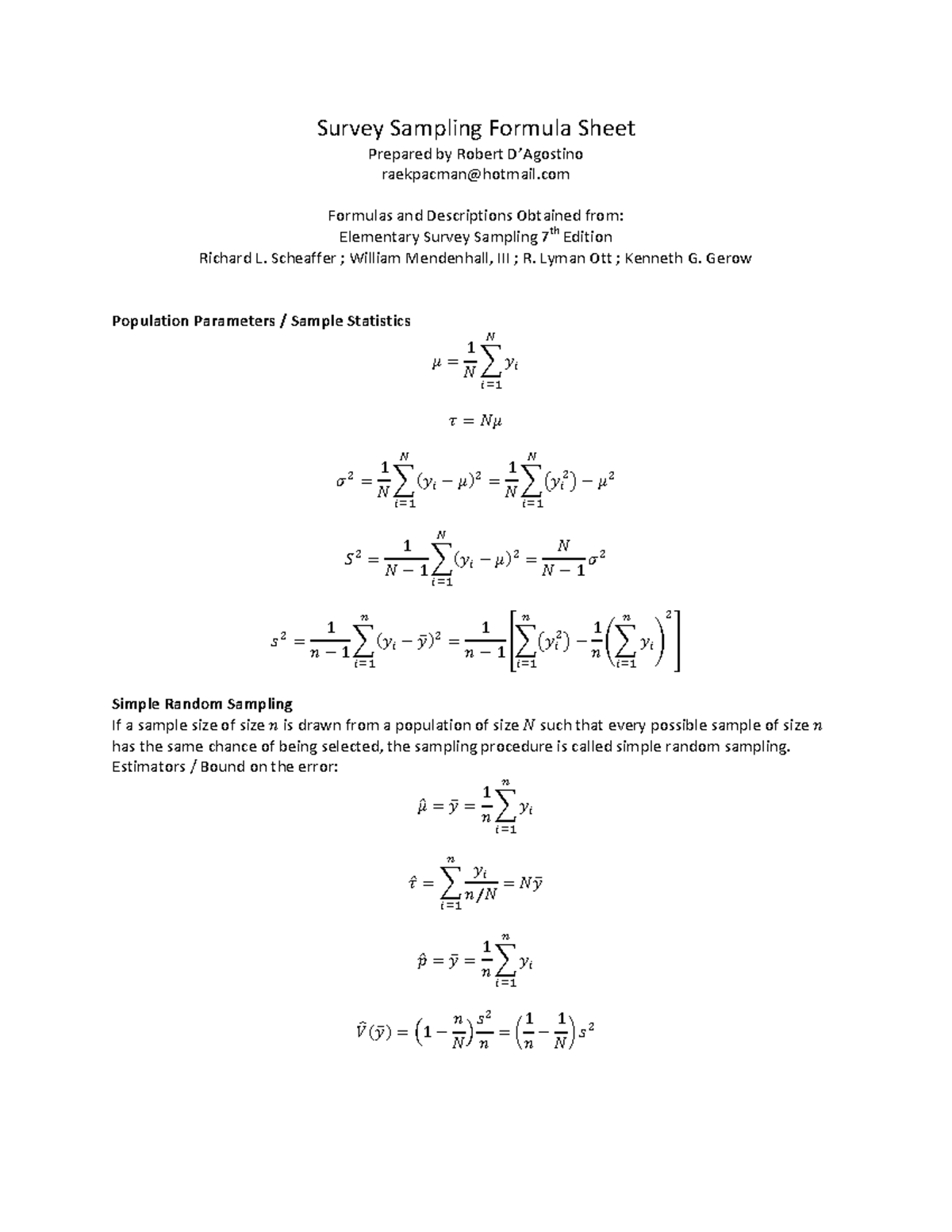 Survey Sampling Formulas and Descriptions - Studocu
