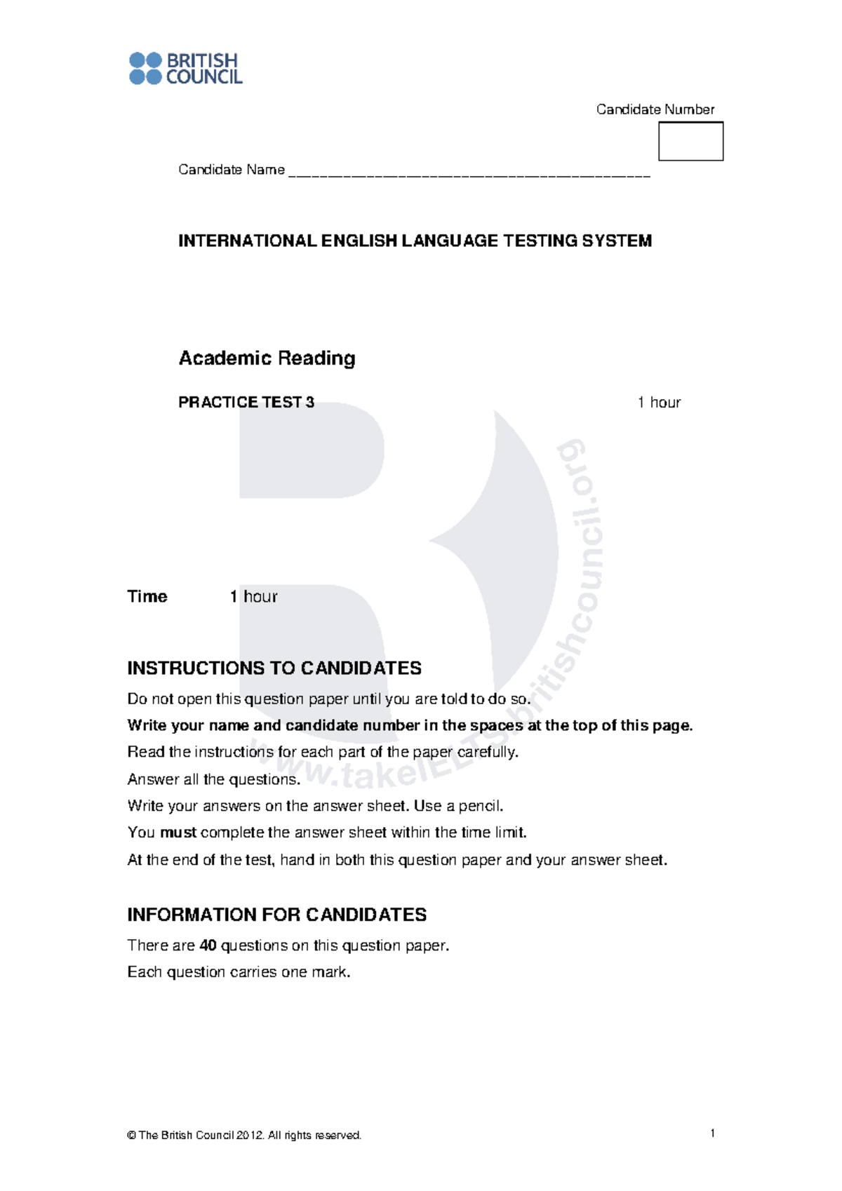 BC Ielts Reading TEST 3 đã gộp - Candidate Number Candidate Name - Studocu