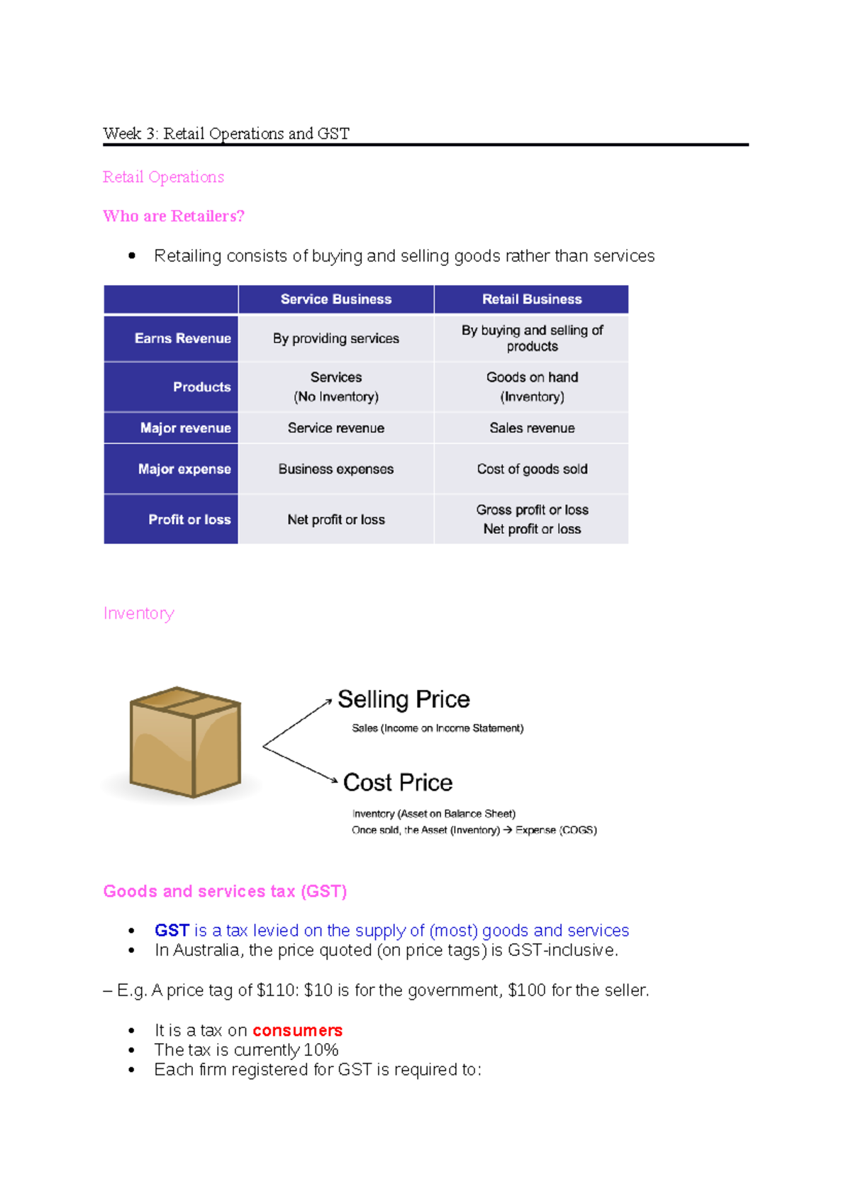 BUSN1002 Week 3 Notes - Week 3: Retail Operations and GST Retail ...