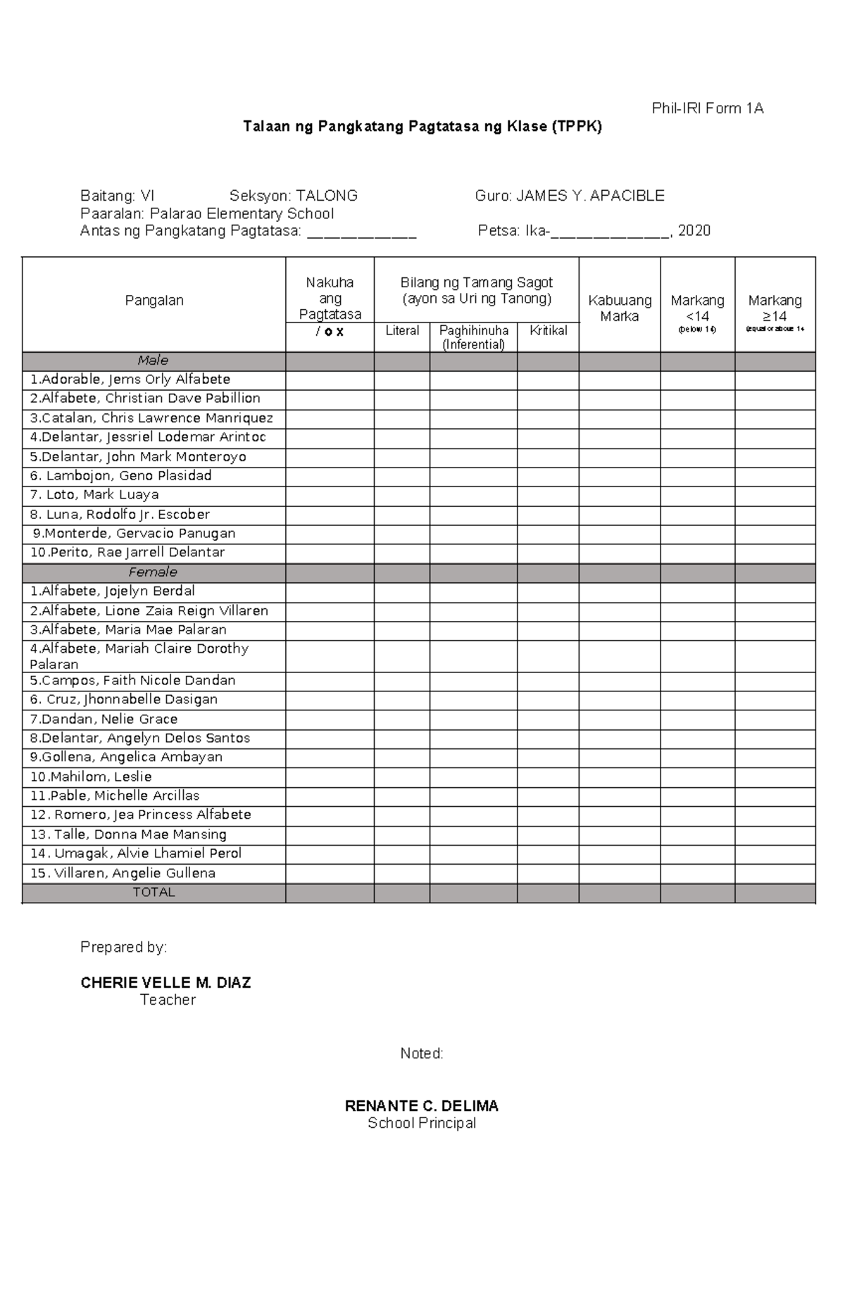 FORM 1A (Auto Recovered) - Phil-IRI Form 1A Talaan ng Pangkatang ...