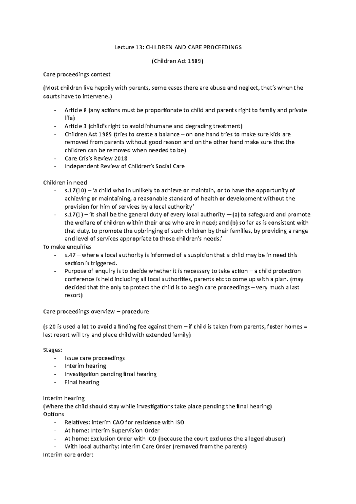 LAW337 Children and Care Proceedings - Lecture 13: CHILDREN AND CARE ...