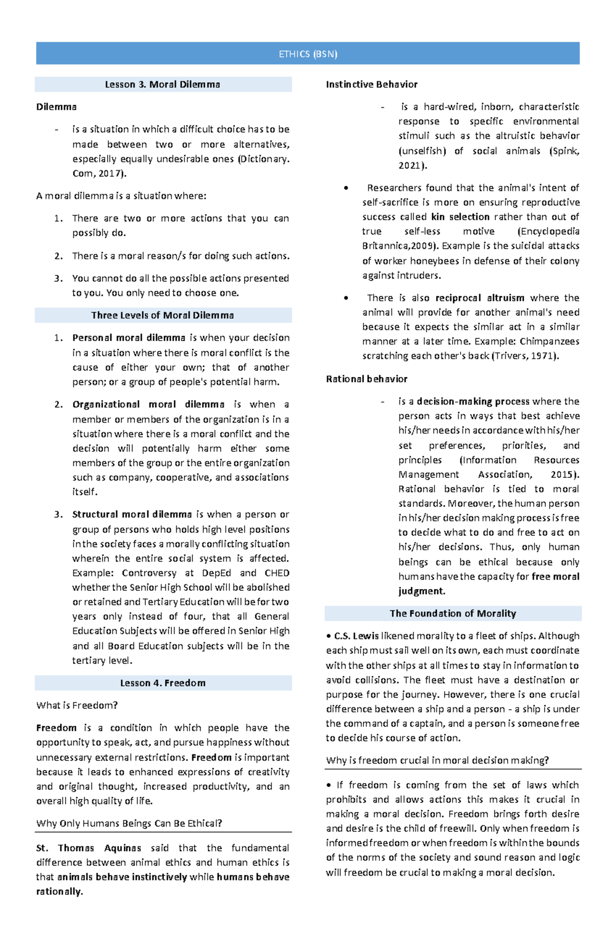 Ethics Lesson 3-4 - ETHICS (BSN) Lesson 3. Moral Dilemma Dilemma is a ...