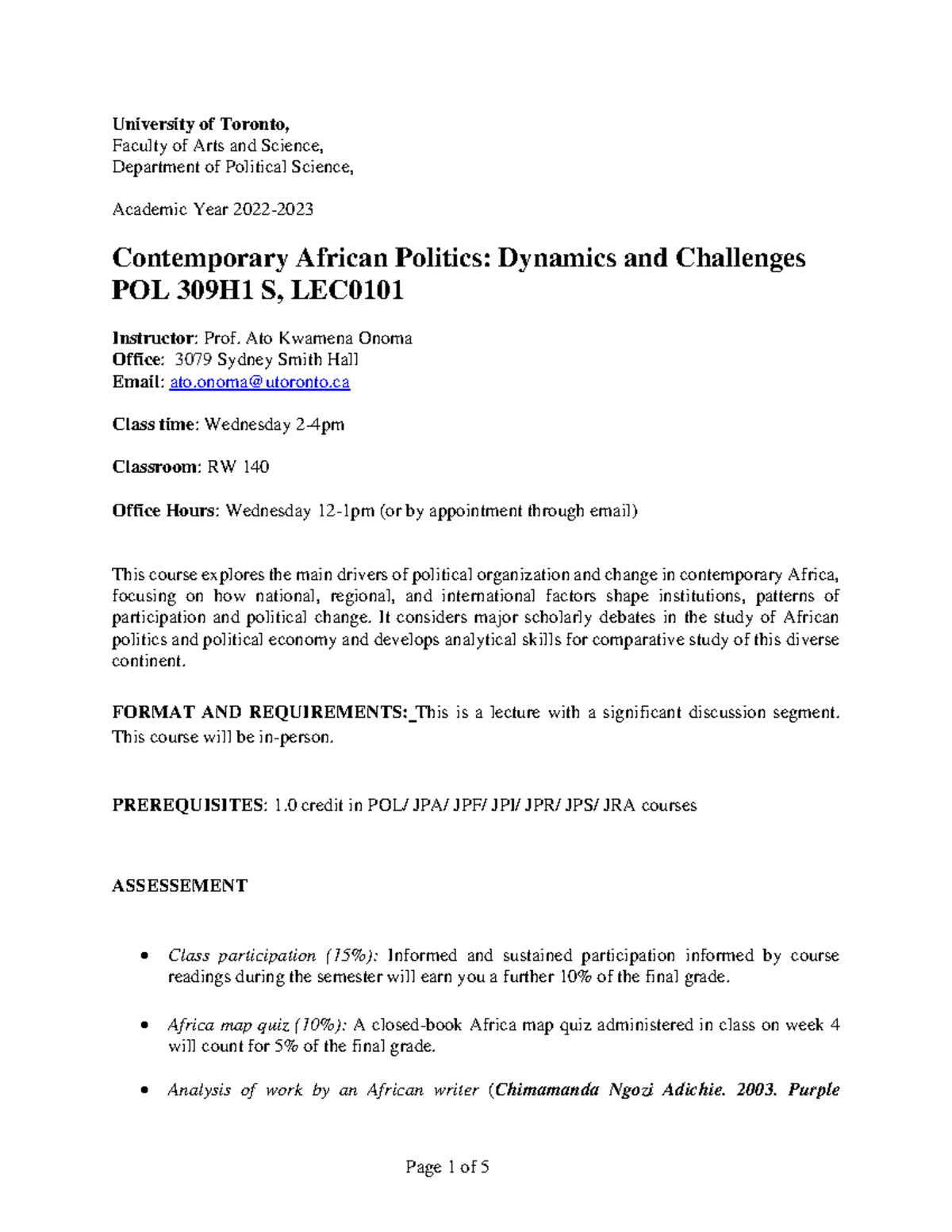 Afpol 309H1 SYLLABUS - University of Toronto, Faculty of Arts and ...