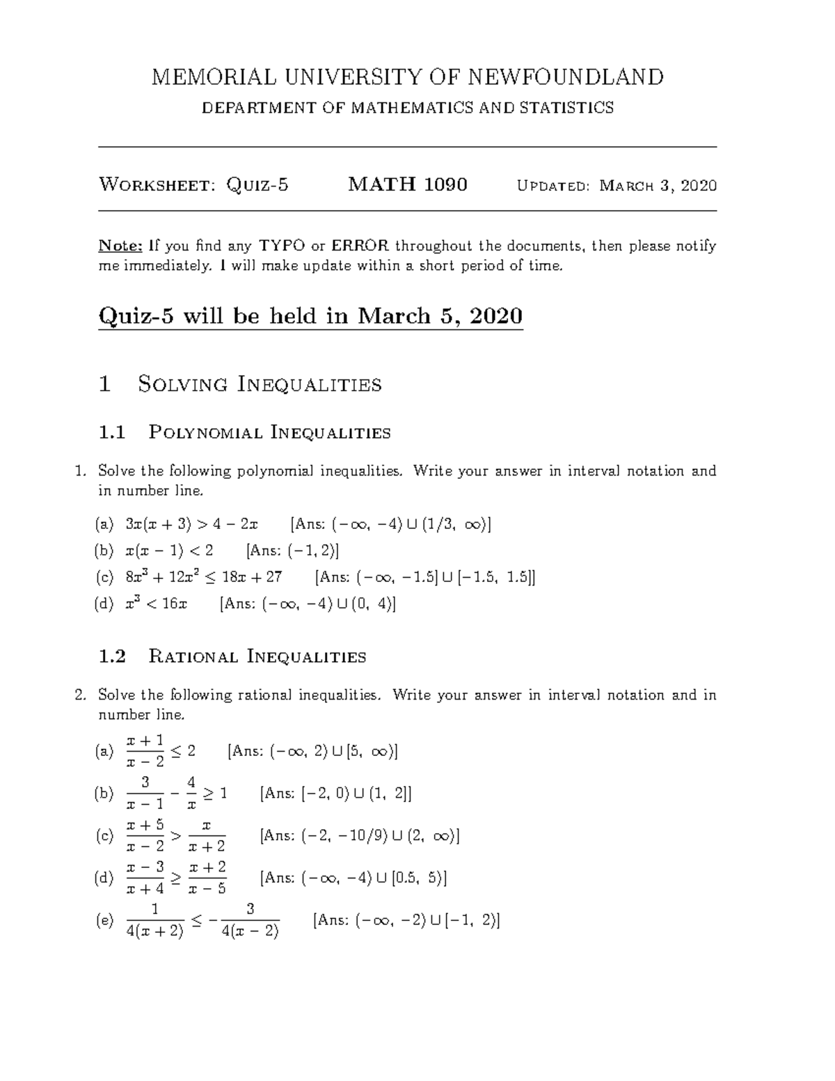 Practice Worksheet-Quiz-5 - MEMORIAL UNIVERSITY OF NEWFOUNDLAND ...