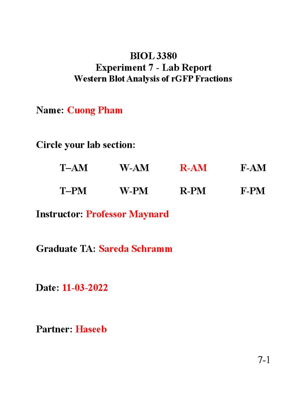 BIOl 3380 - Lab 7 Report - BIOL 3380 Experiment 7 - Lab Report Western ...