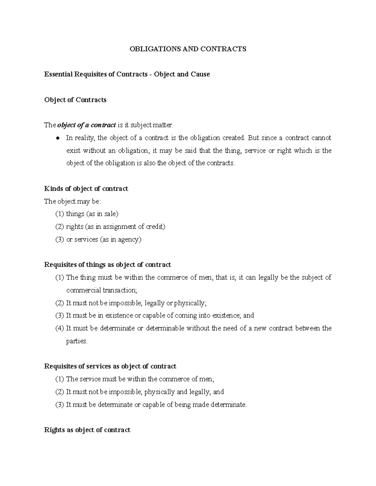Essential Requisites of Contracts Object and Cause - OBLIGATIONS AND ...