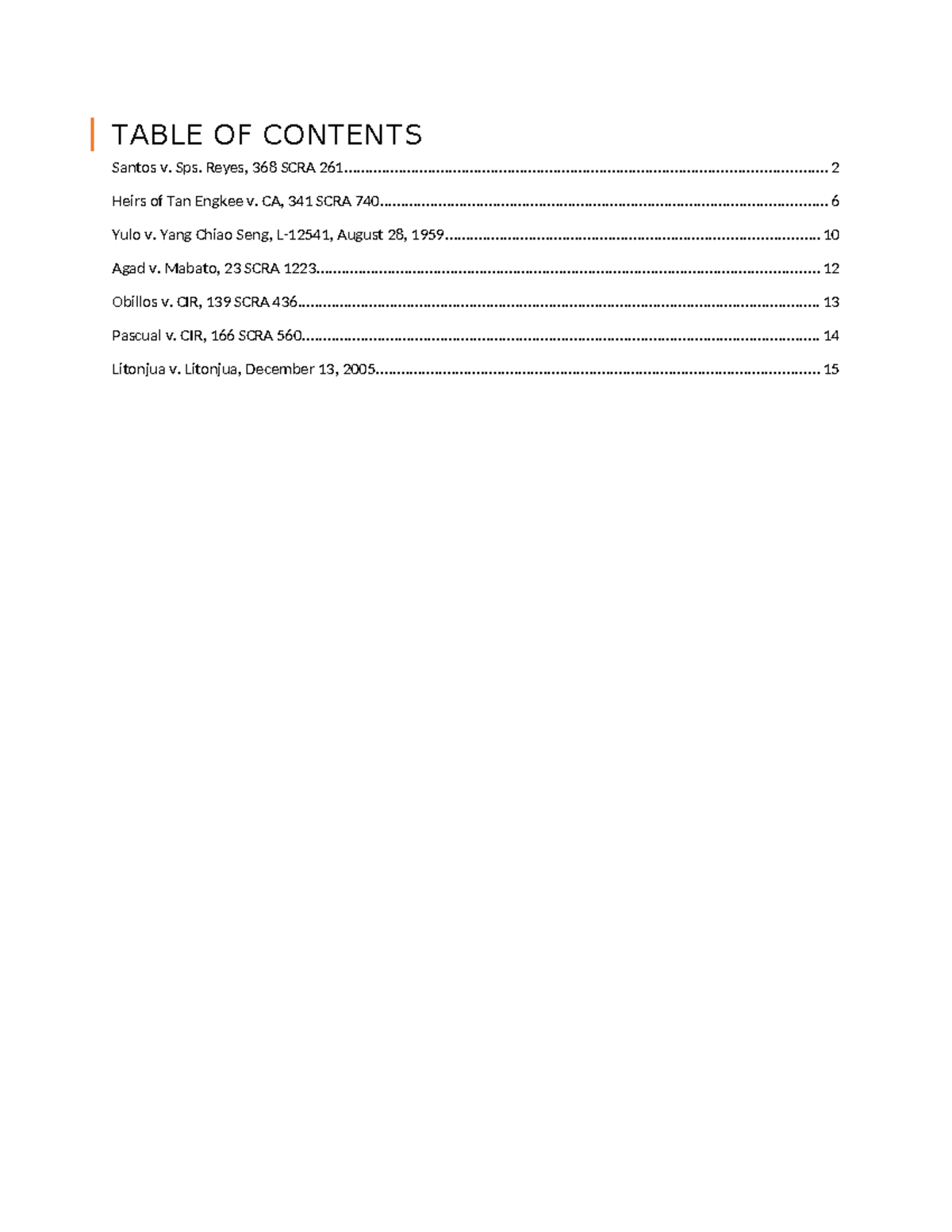 Business Laws and Regulations - Cases - TABLE OF CONTENTS Santos v. Sps ...