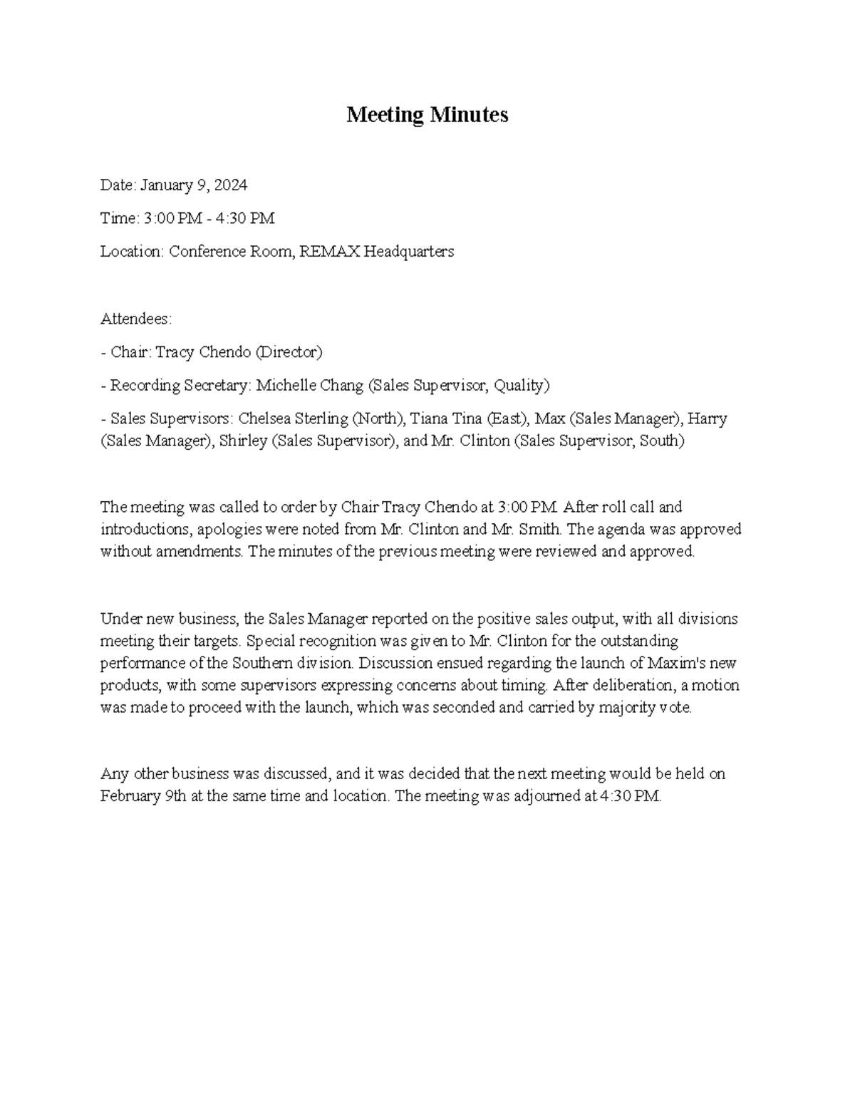 Meeting minutes,agenda and memo - Meeting Minutes Date: January 9, 2024 ...