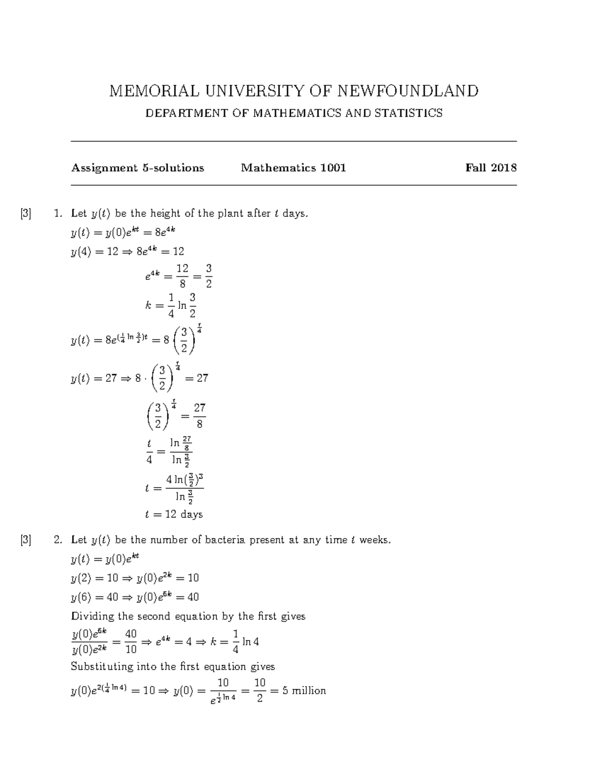 Math 1001 Assignment 5 solution - MEMORIAL UNIVERSITY OF NEWFOUNDLAND ...