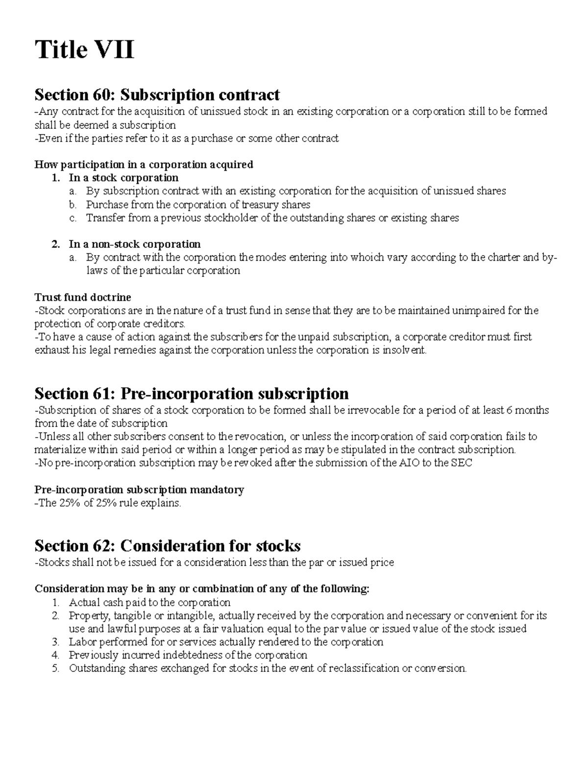 Title VII Stocks and Stockholders - Title VII Section 60: Subscription ...
