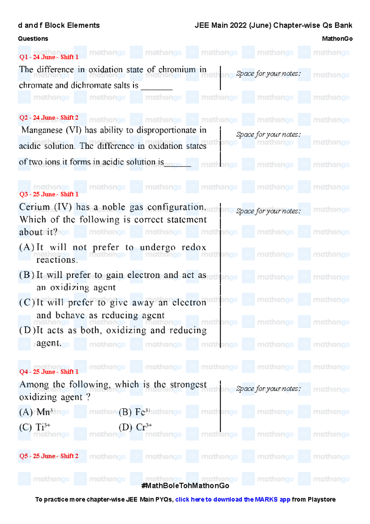 D and f Block Elements - JEE Main 2022 Chapter wise Questions by Mathon Go - Q1 - 24 June ...