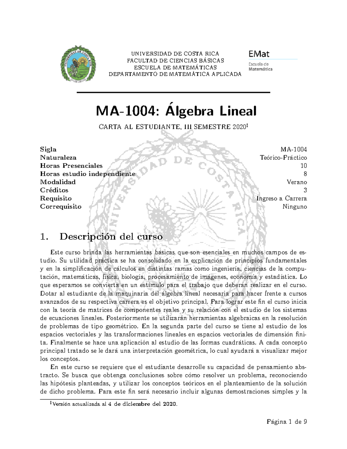Algebra Lineal UCR - Álgebra Lineal - UCR - Studocu