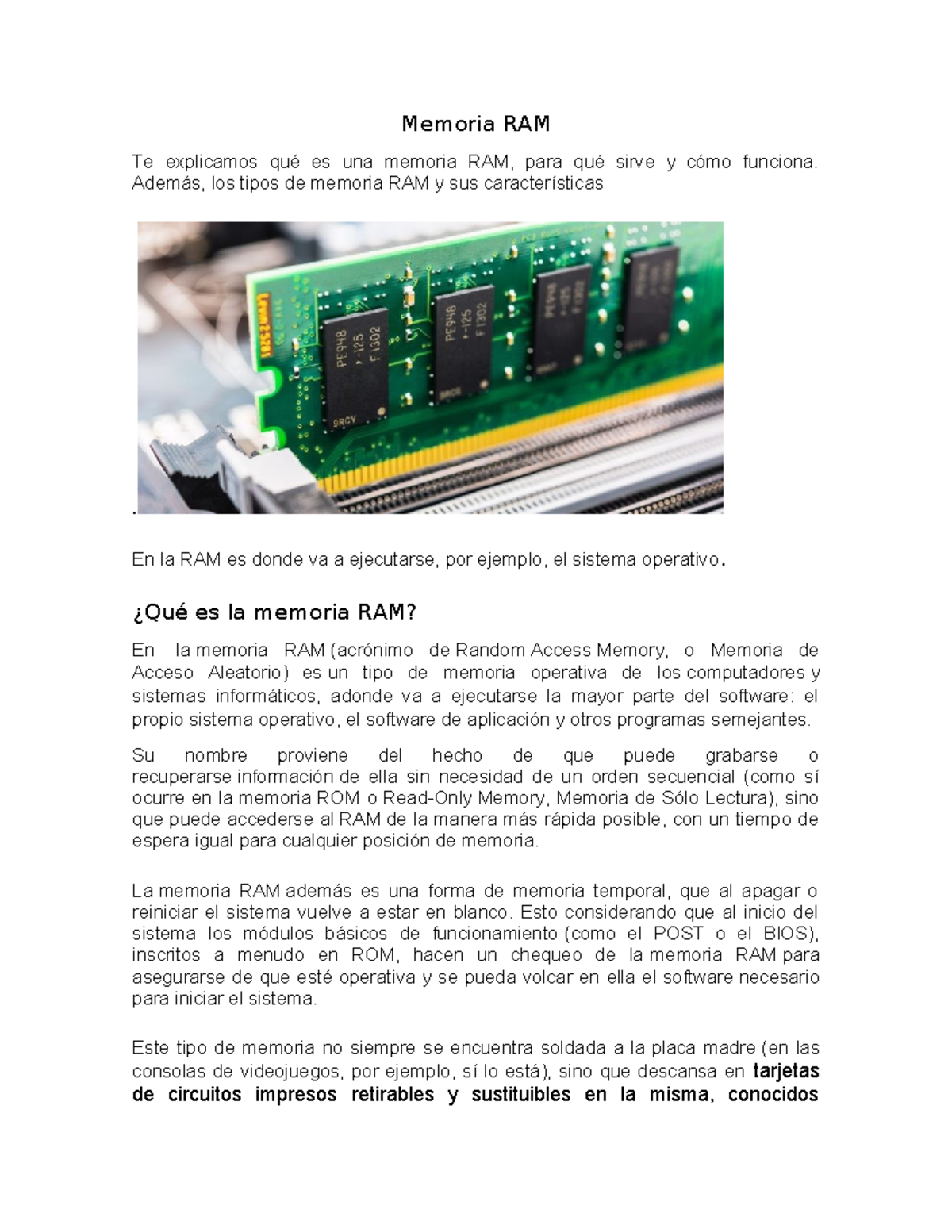 Memoria RAM - Memoria RAM Te explicamos qué es una memoria RAM, para qué sirve y cómo funciona ...