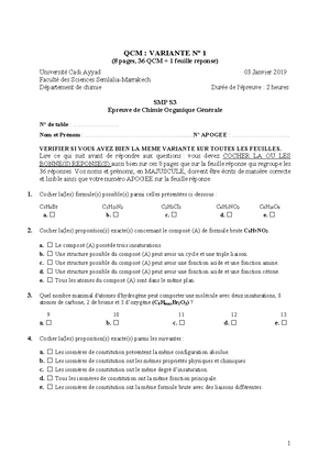 Examen janvier 2017 - QCM : VARIANTE Nº 1 (8 pages QCM + 1 feuille ...