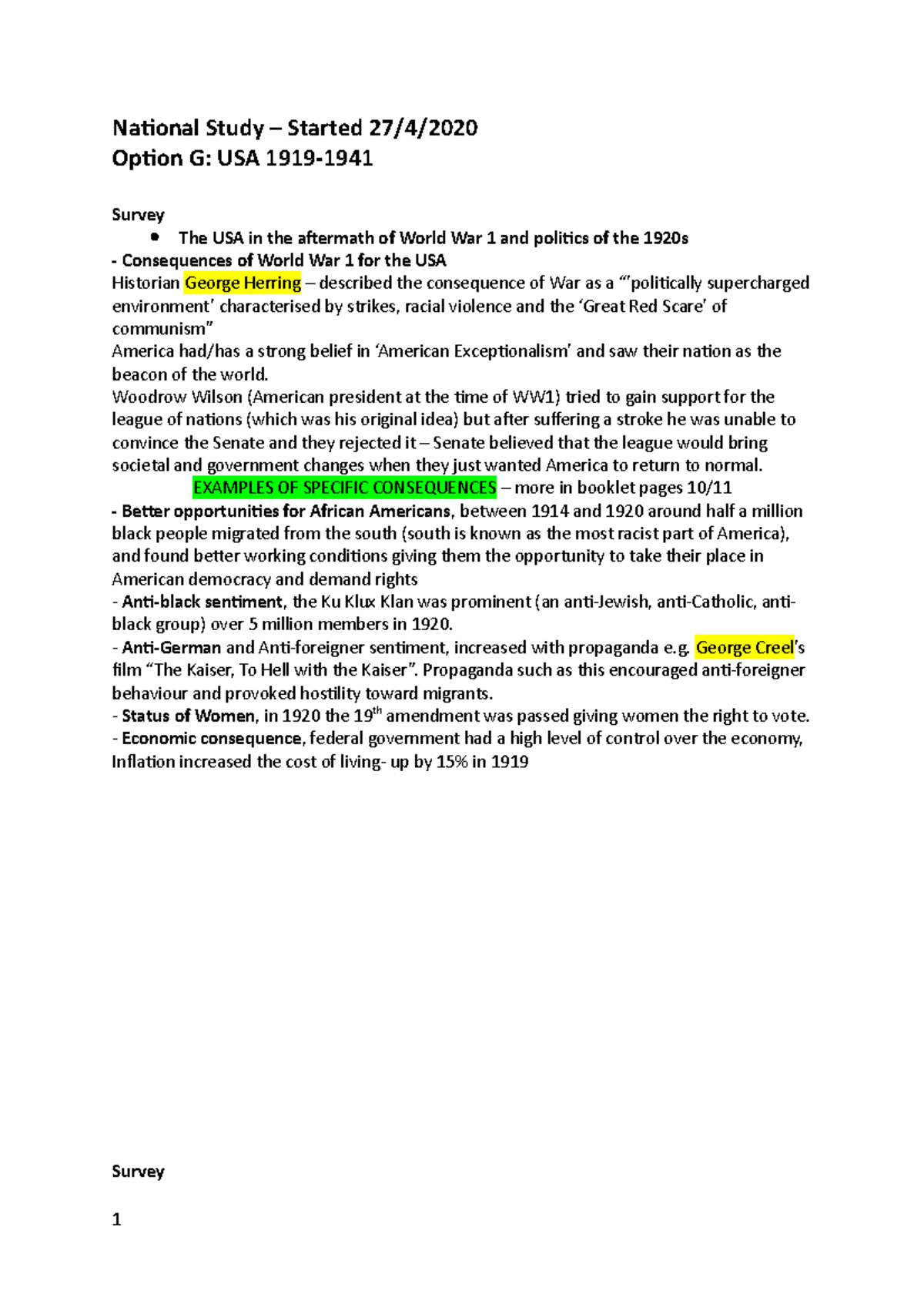 USA Notes - National Study – Started 27/4/ Option G: USA 1919- Survey ...