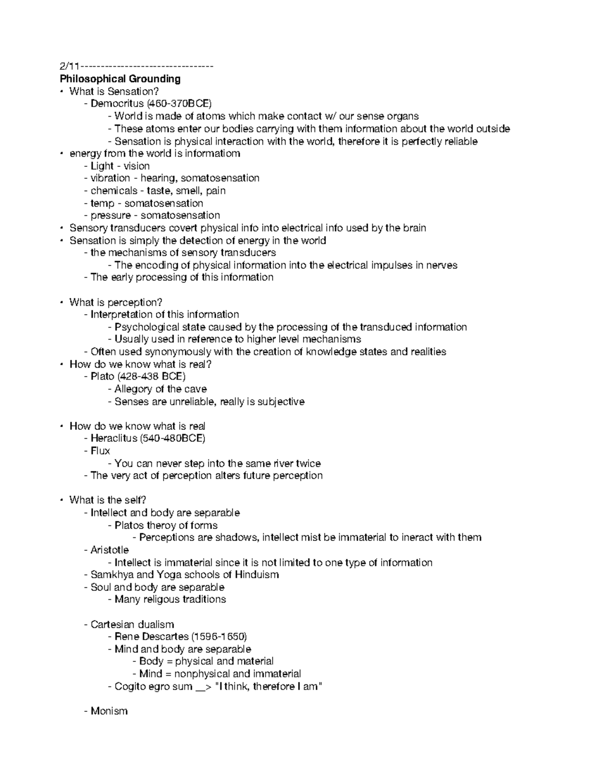 Sensation and perception psychology notes - 2/11- Philosophical ...