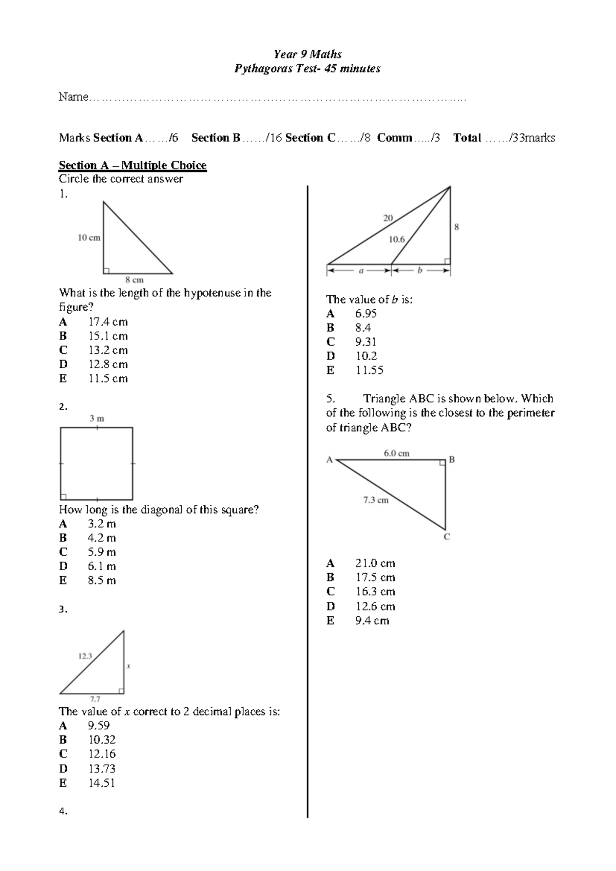 Pythagoras-Practice-Test - Year 9 Maths Pythagoras Test- 45 minutes ...
