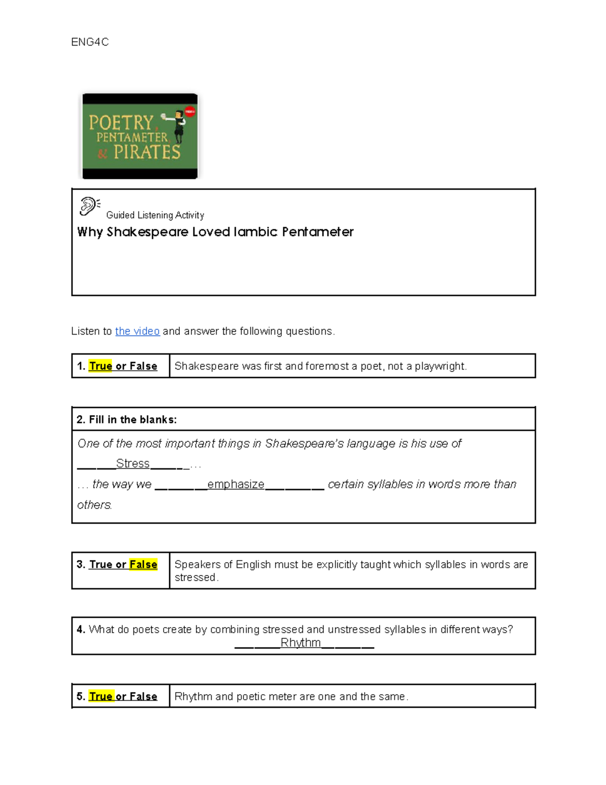 ENG4C Why Shakespeare Loved Iambic Pentameter - Listening Activity ...
