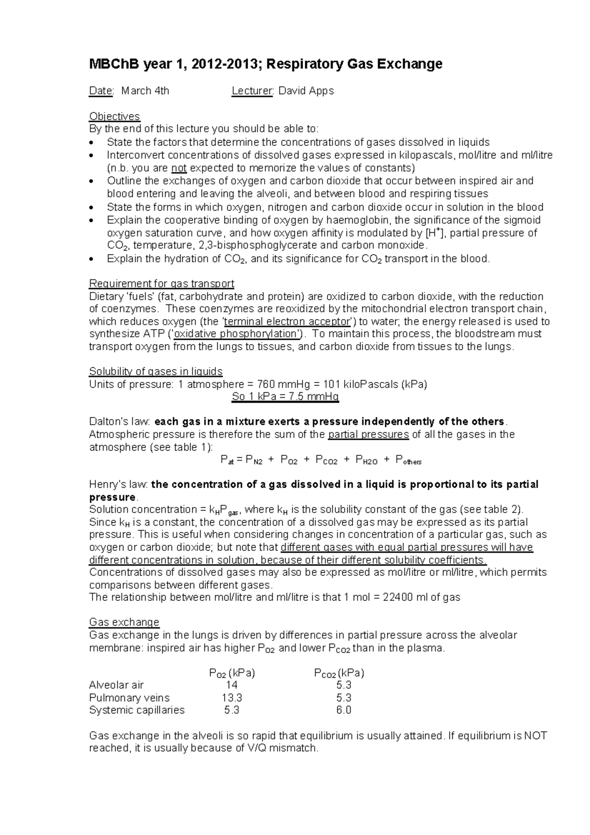 Gas Exchange Handout - Respiratory module year 1 lecture notes. - MBChB ...