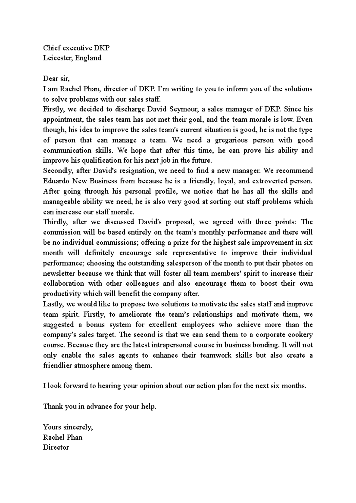 Email - Chief executive DKP Leicester, England Dear sir, I am Rachel ...