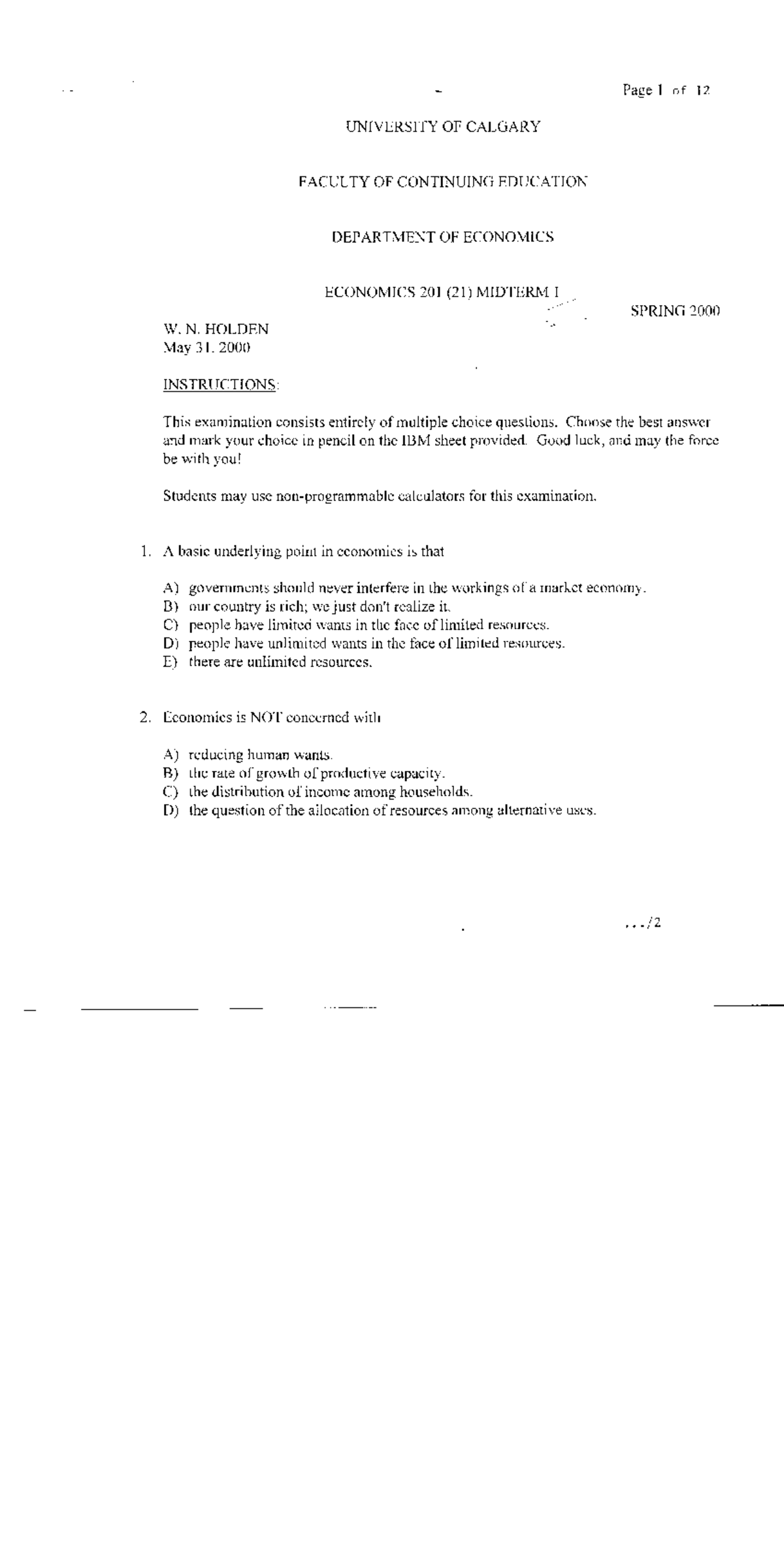 Midterm March 2010, questions - ECON 201 - Studocu