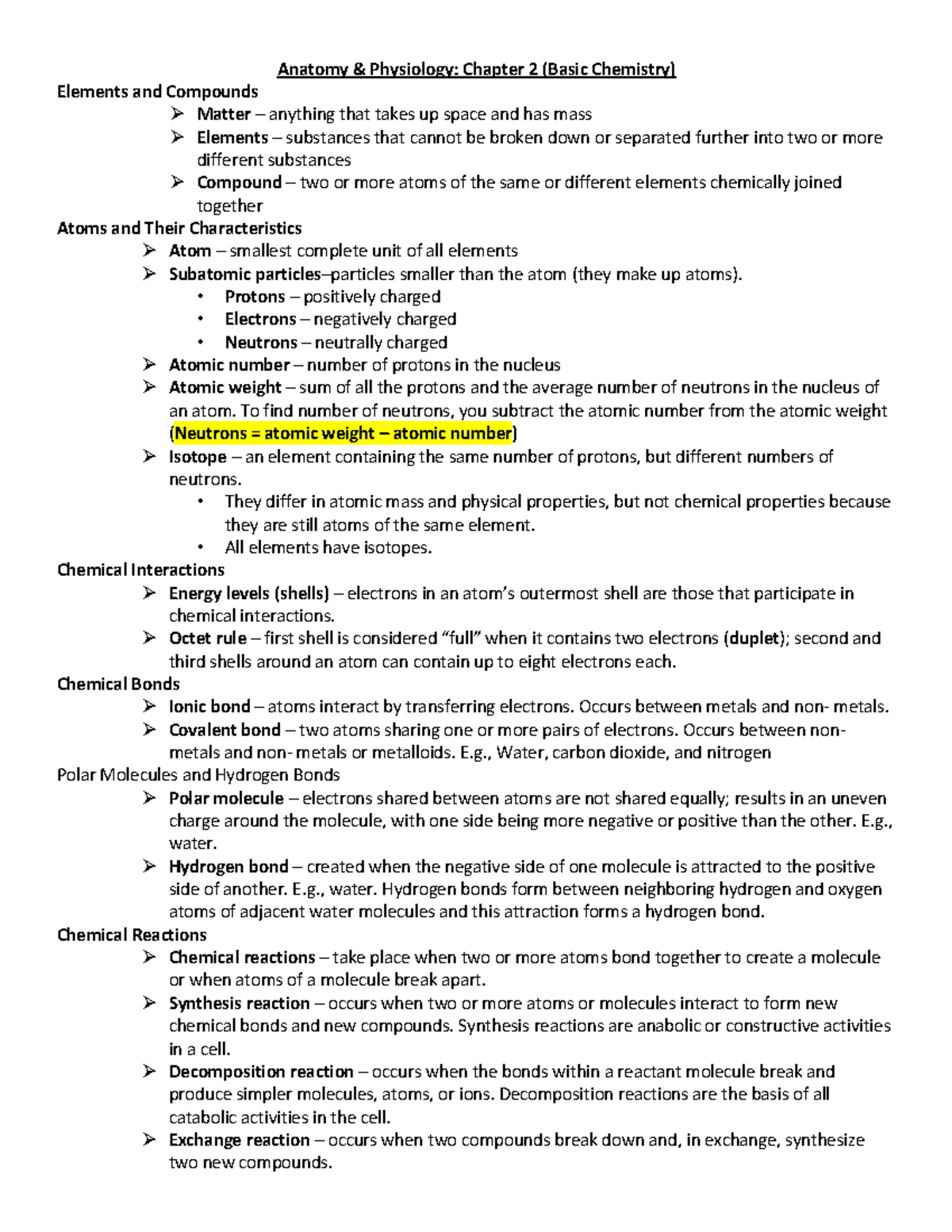 Anatomy Chapter 2- Basic Chemistry Lecture Notes - Anatomy & Physiology ...