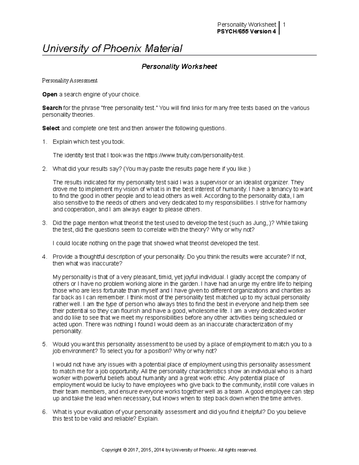 Week 4 Worksheet - Work Sheets - Personality Worksheet PSYCH/655 Version 4 1 University of ...