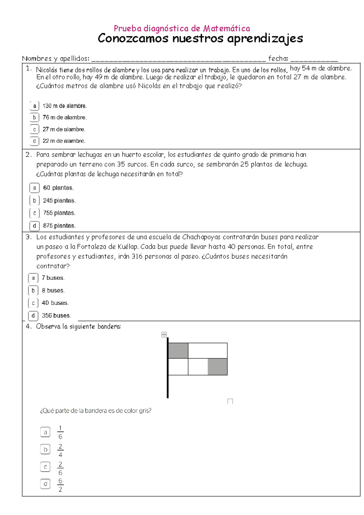 Prueba diagnóstica de Matemática ok - Prueba diagnóstica de Matemática ...