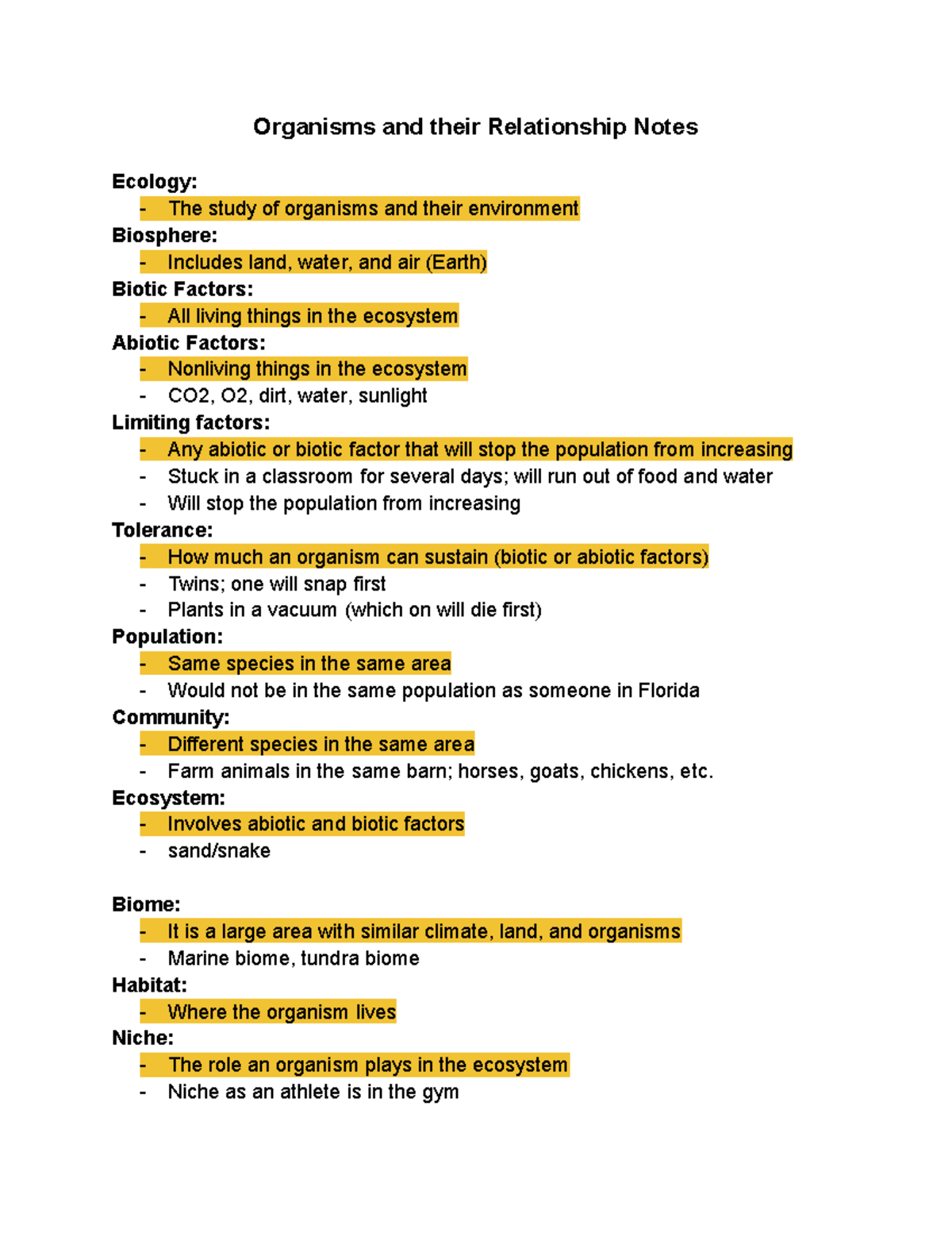 Organisms and their Relationship Notes - Organisms and their ...
